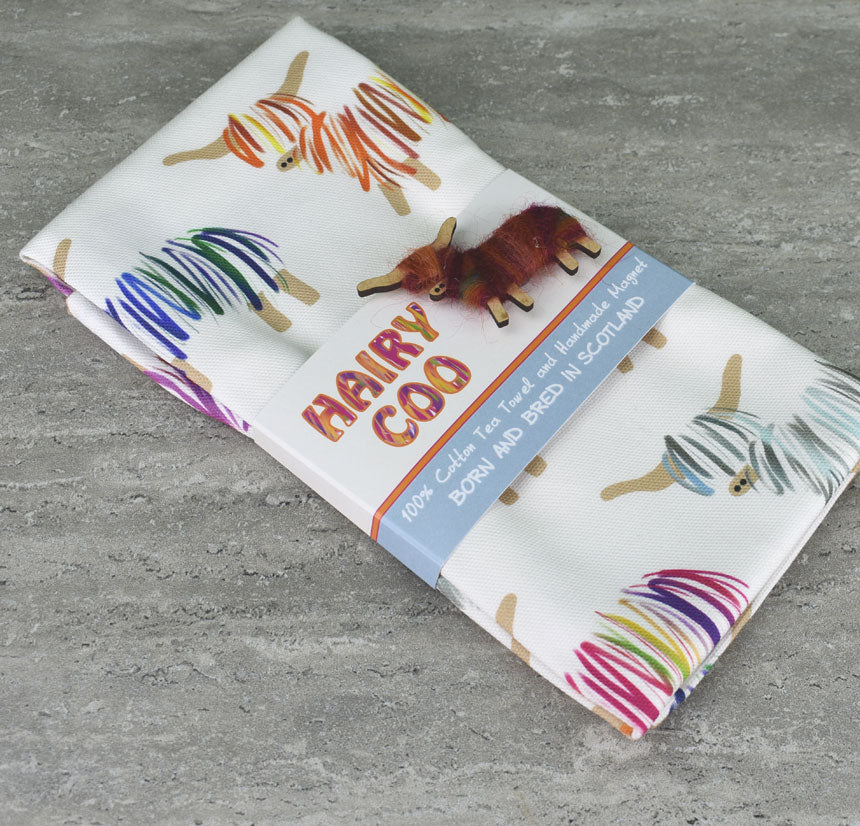 Hairy Coo Teatowel with kitchen magnet – Scottish Gourmet USA