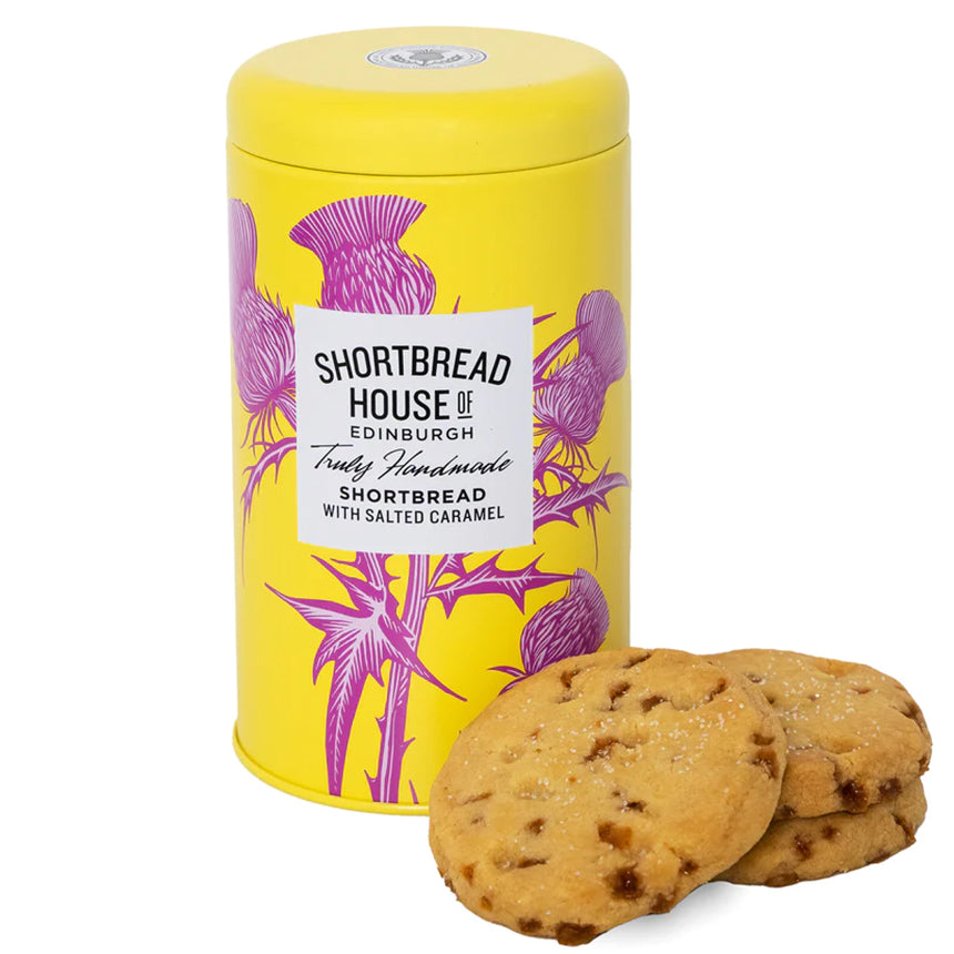 Salted Caramel Shortbread in Yellow Round Thistle Tin – Scottish ...